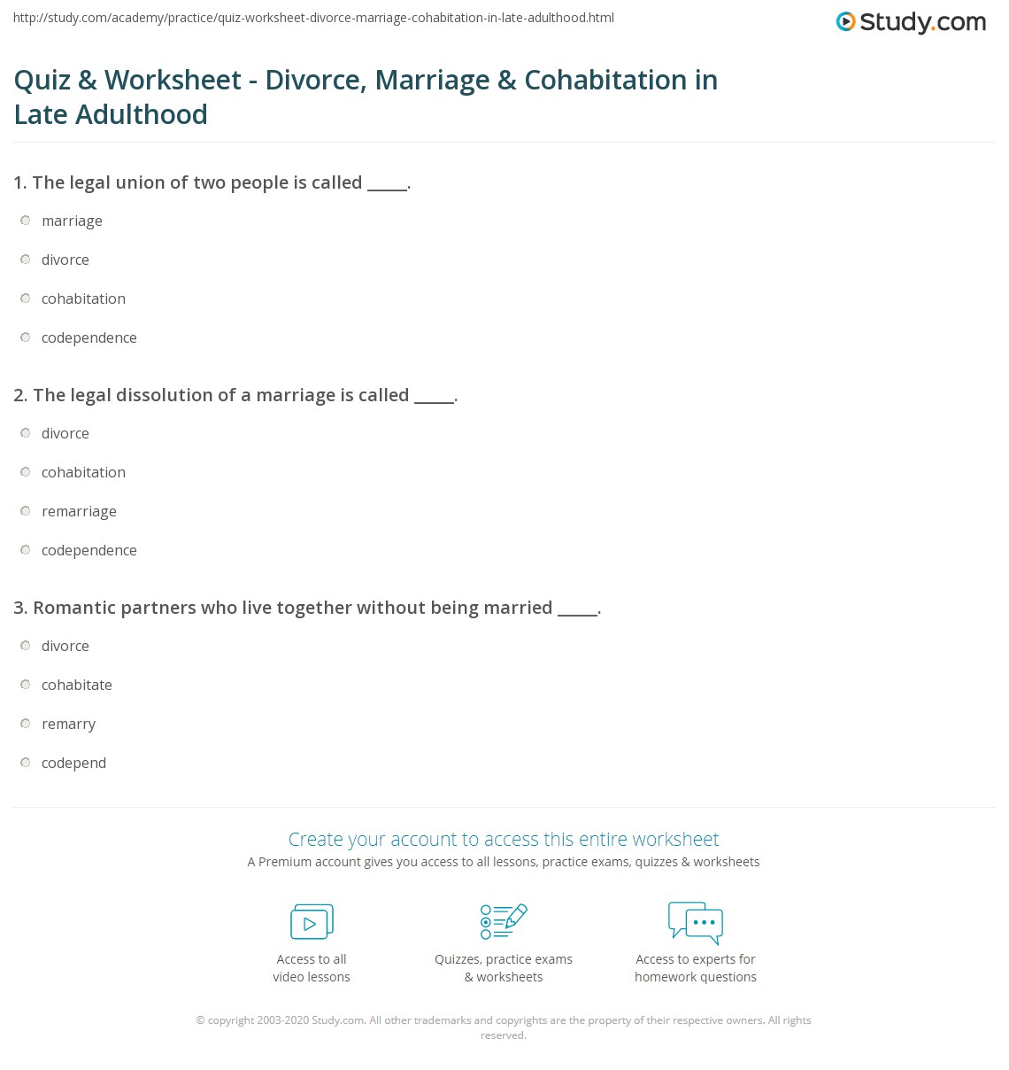 Quiz & Worksheet - Divorce, Marriage & Cohabitation in Late Adulthood ...