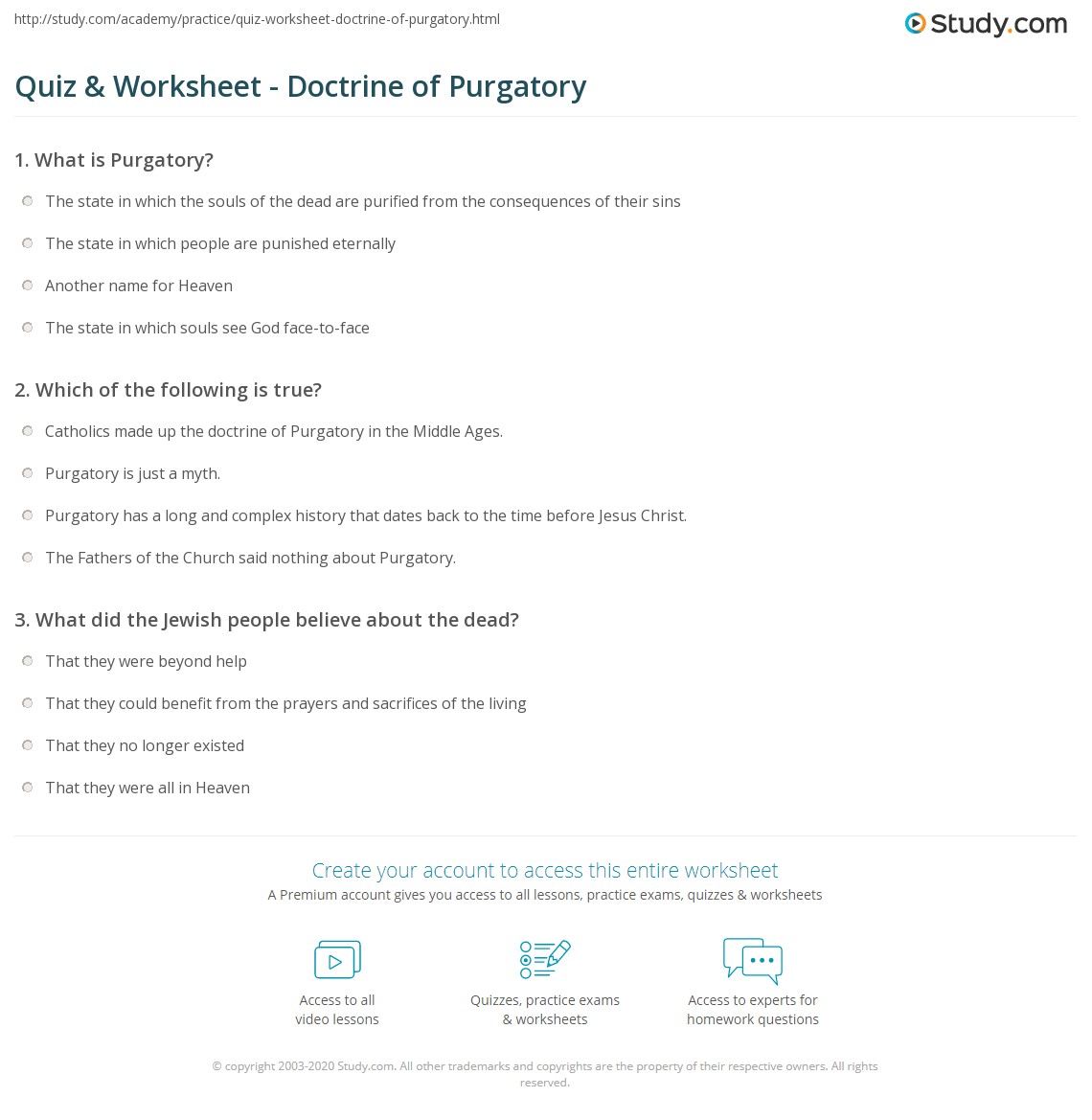 Quiz & Worksheet - Doctrine of Purgatory | Study.com