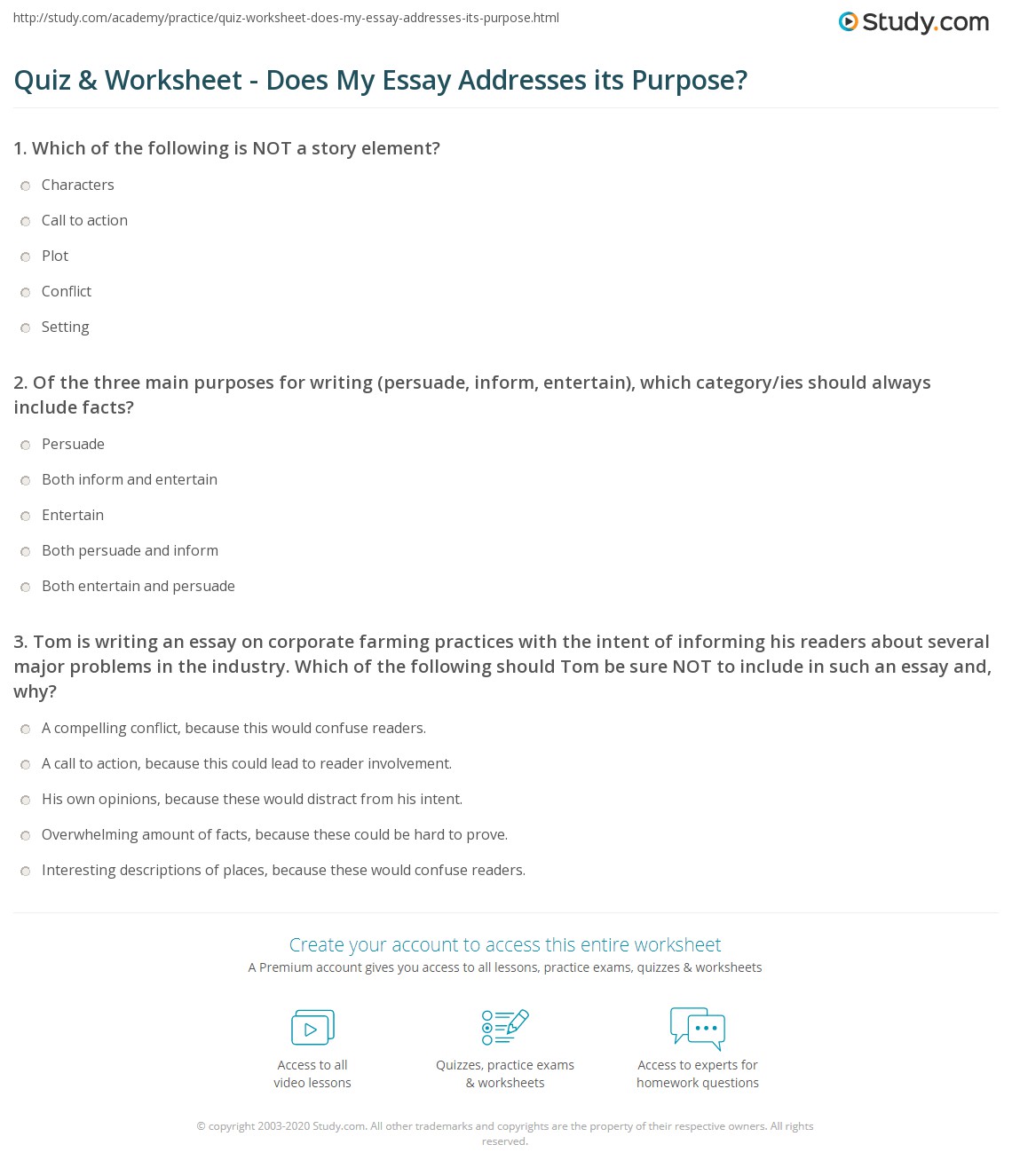 Quiz & Worksheet - Does My Essay Addresses its Purpose? | Study.com