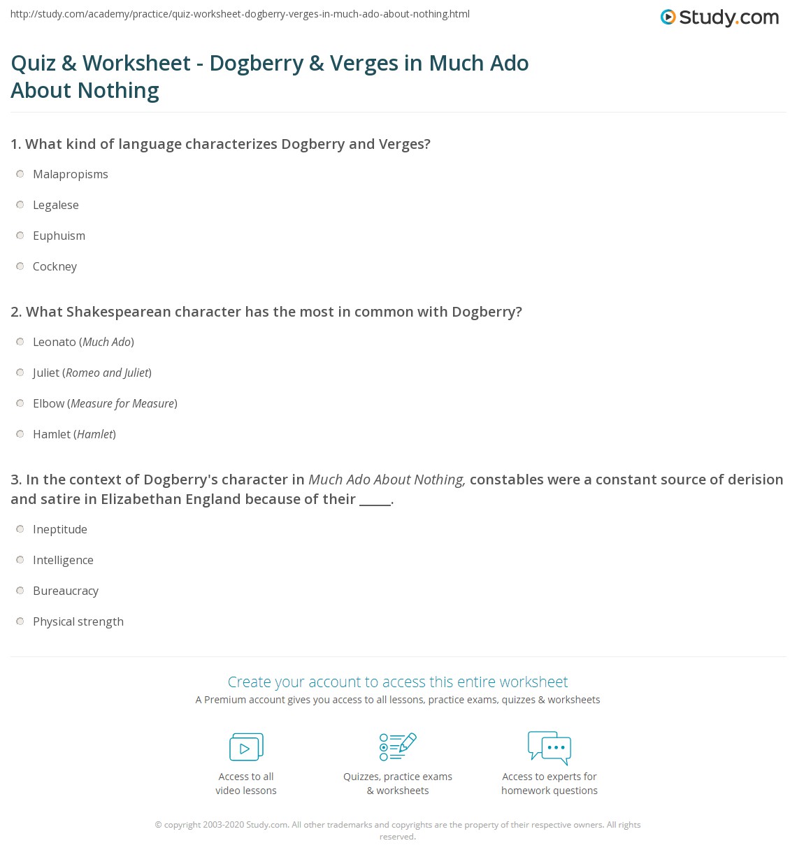 Quiz & Worksheet - Dogberry & Verges in Much Ado About Nothing | Study.com