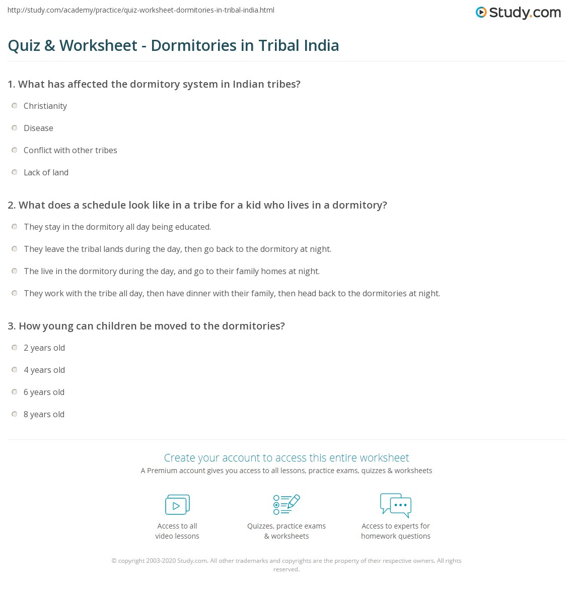 Quiz & Worksheet - Dormitories in Tribal India | Study.com
