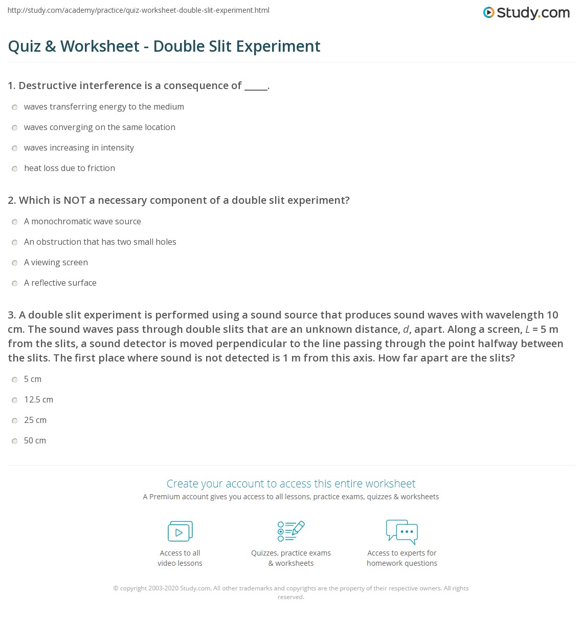 Quiz & Worksheet - Double Slit Experiment | Study.com