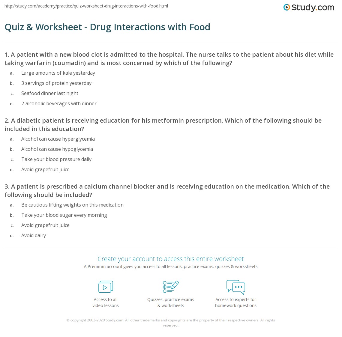 Quiz & Worksheet - Drug Interactions with Food | Study.com
