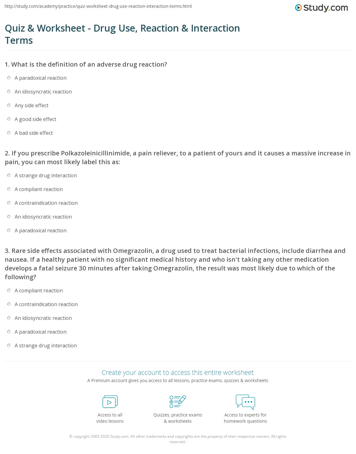 Quiz & Worksheet - Drug Use, Reaction & Interaction Terms | Study.com