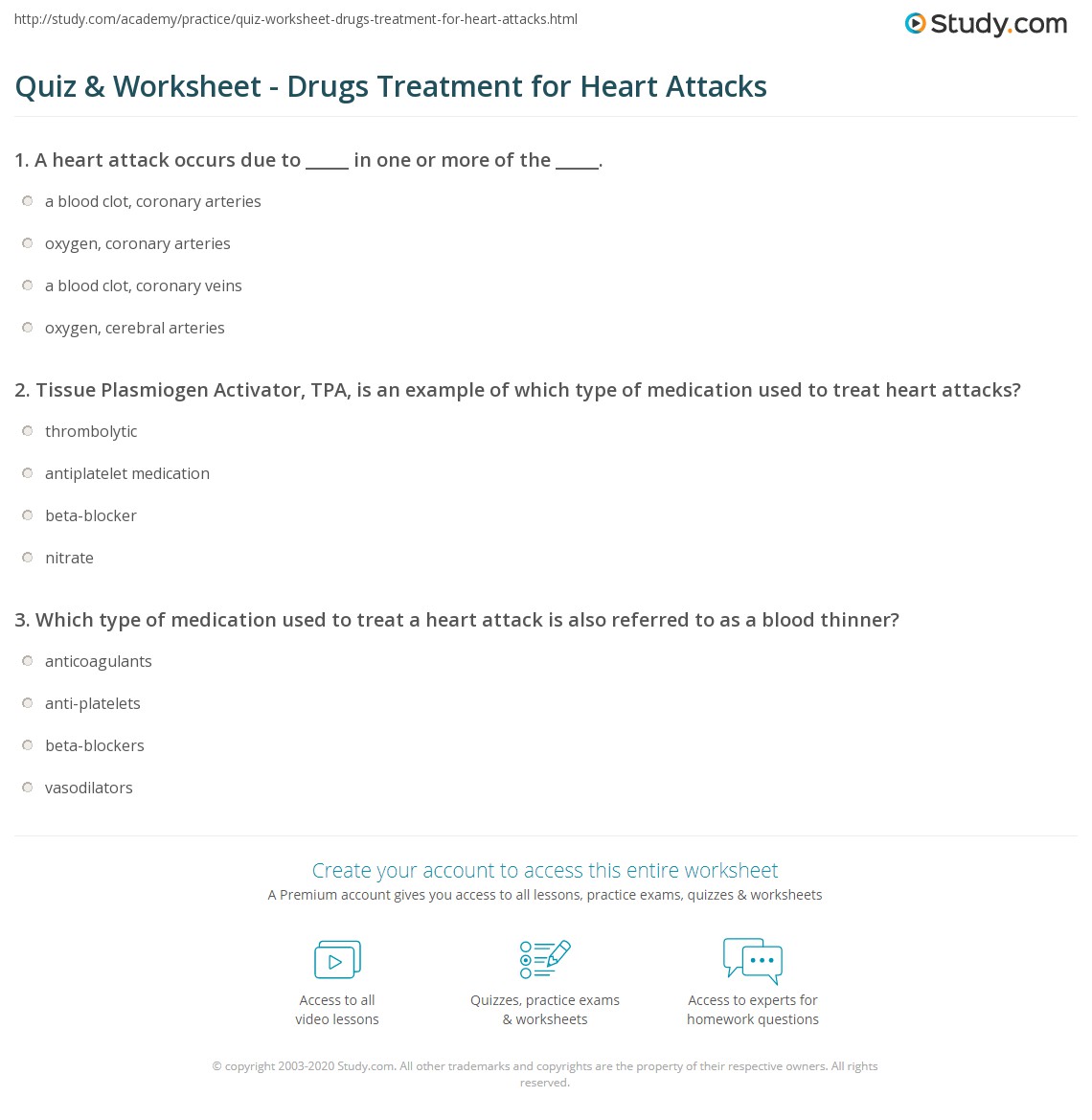 Quiz & Worksheet - Drugs Treatment for Heart Attacks | Study.com