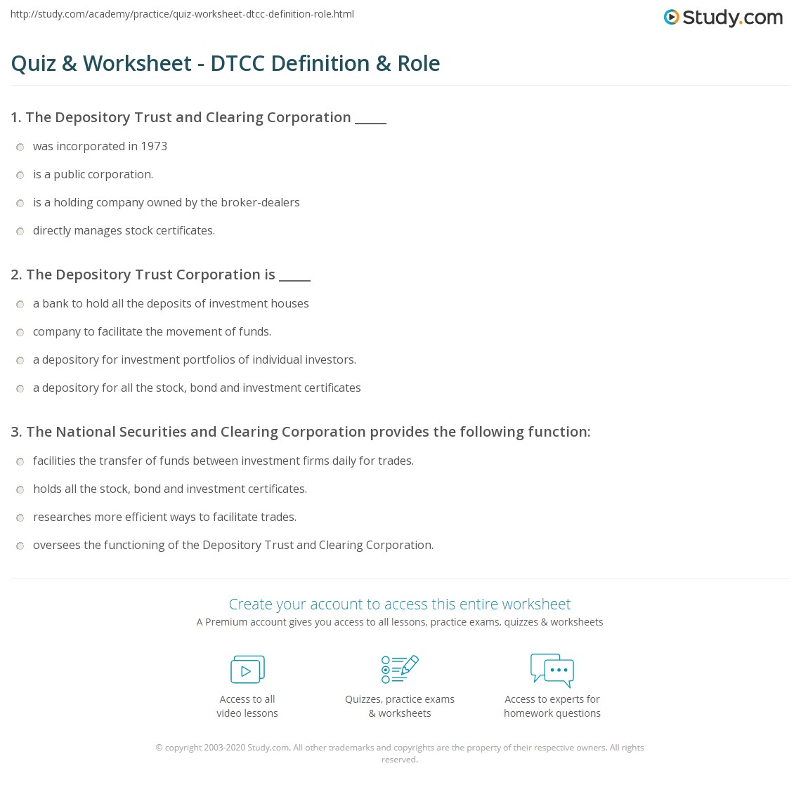 Quiz & Worksheet - DTCC Definition & Role | Study.com