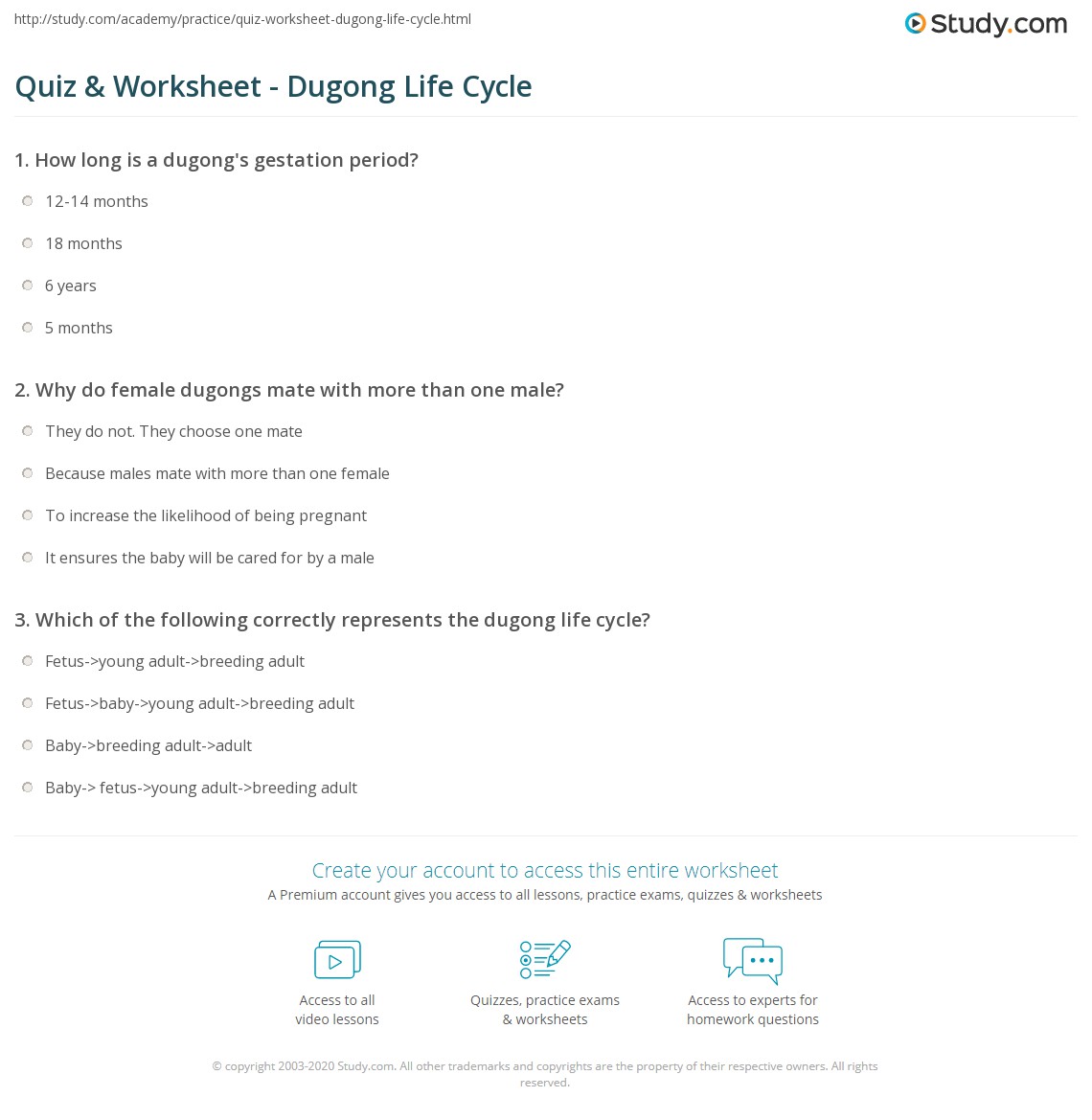 Quiz & Worksheet - Dugong Life Cycle | Study.com