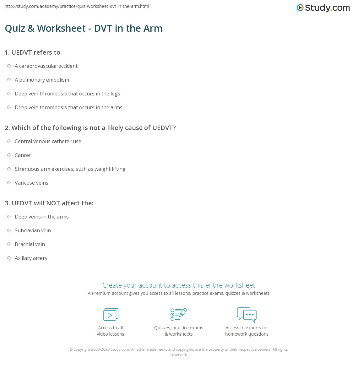 Quiz & Worksheet - DVT in the Arm | Study.com