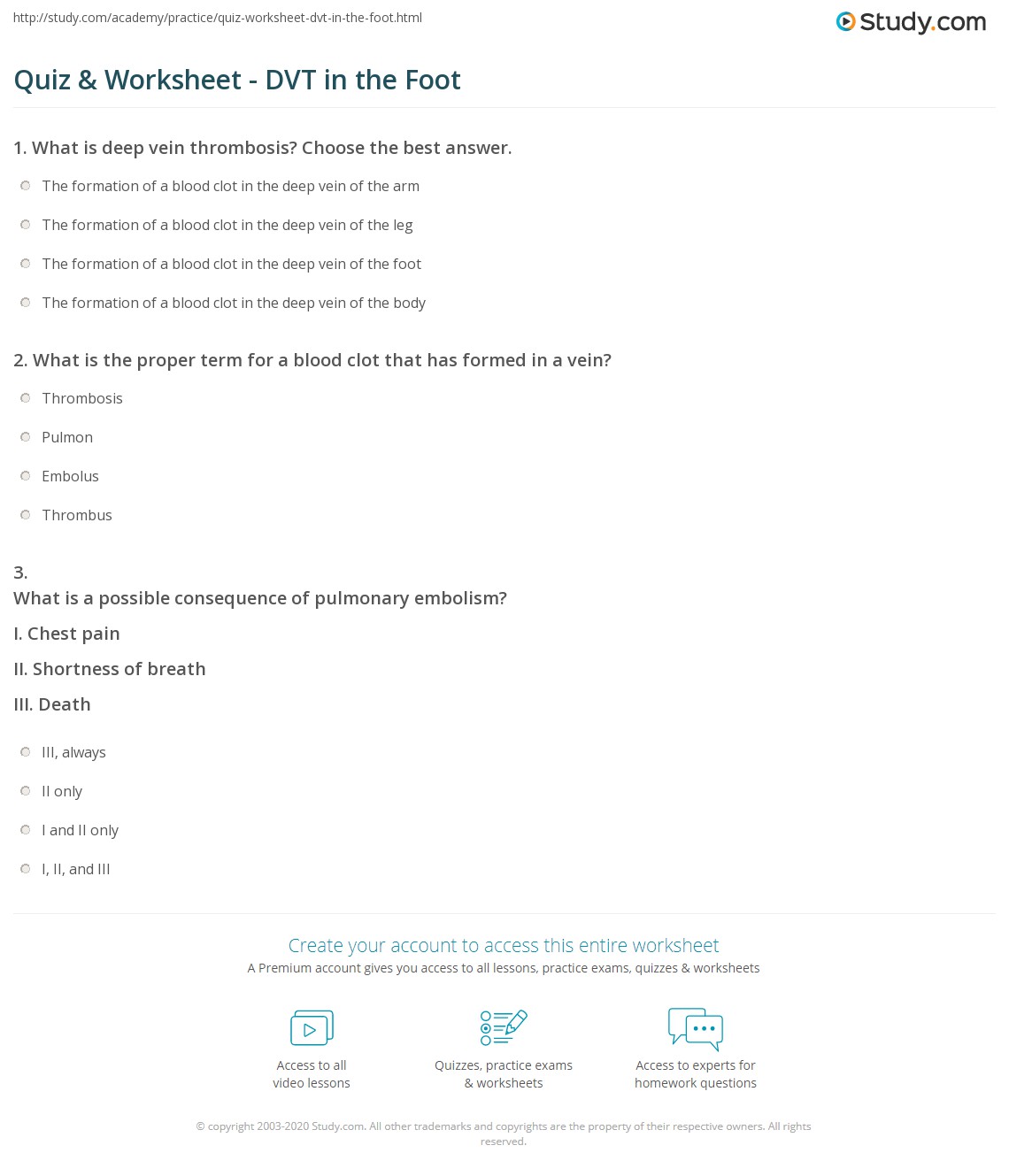 Quiz & Worksheet - DVT in the Foot | Study.com