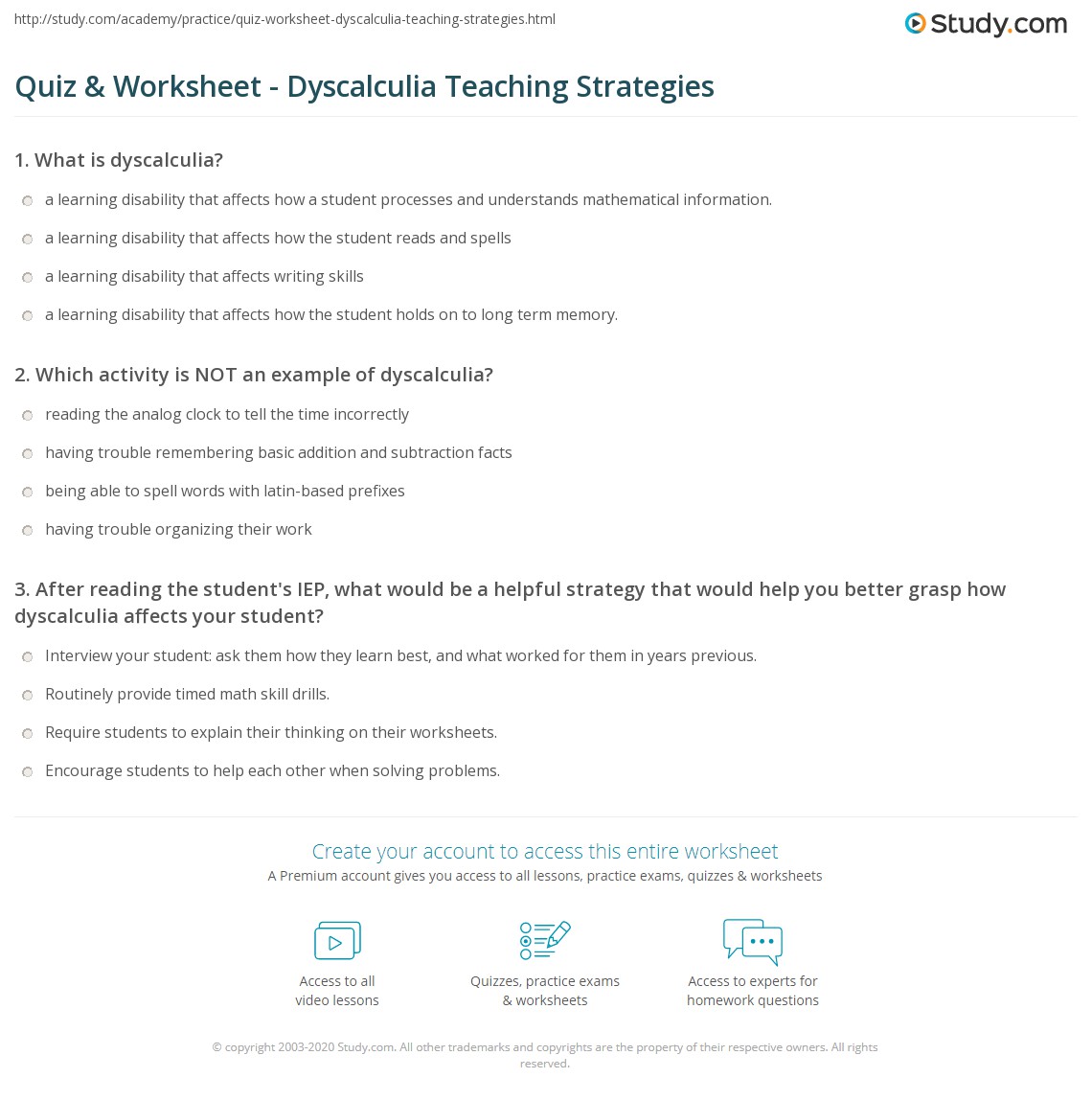 Quiz & Worksheet - Dyscalculia Teaching Strategies | Study.com