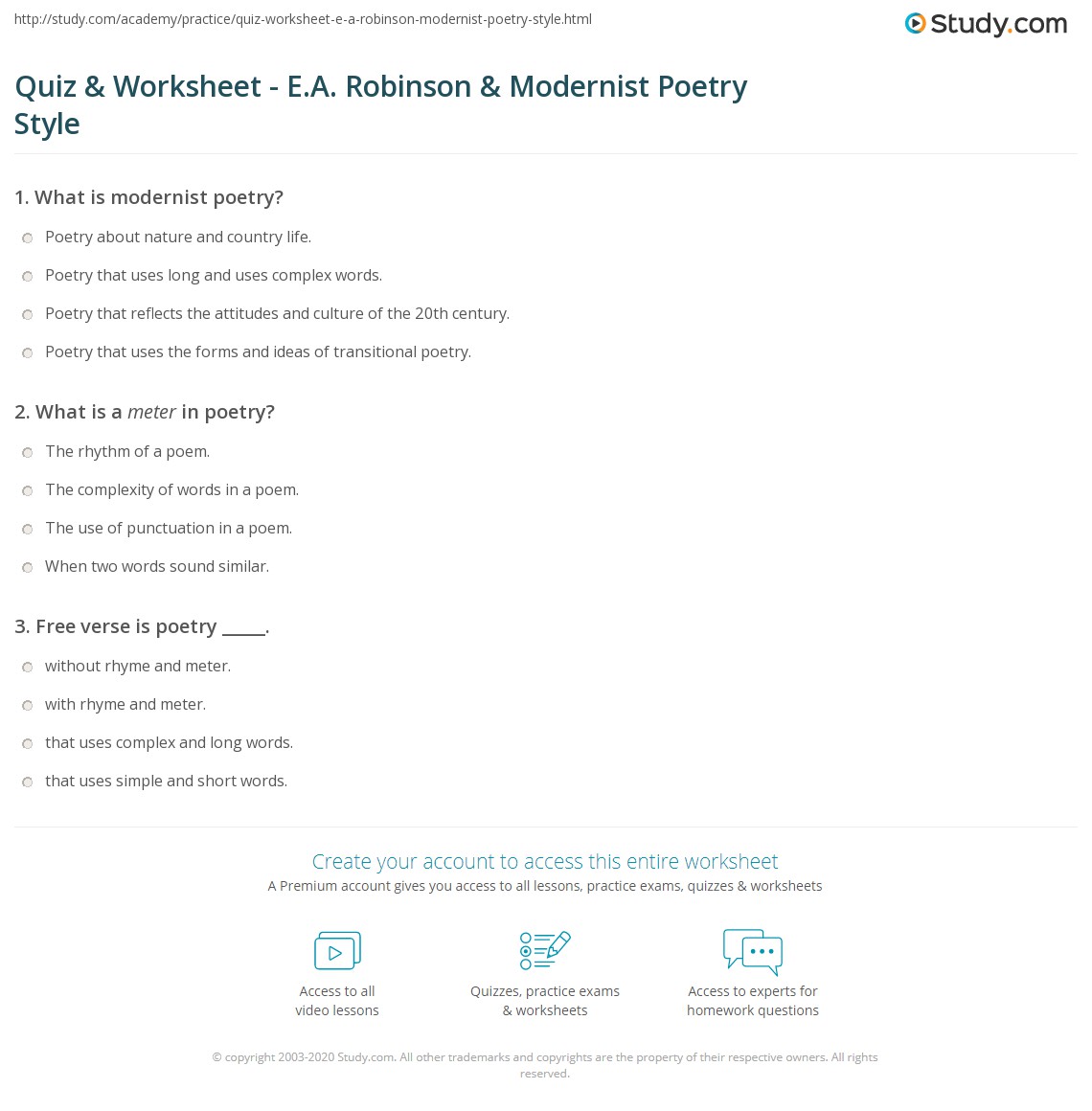 Quiz & Worksheet - E.A. Robinson & Modernist Poetry Style | Study.com