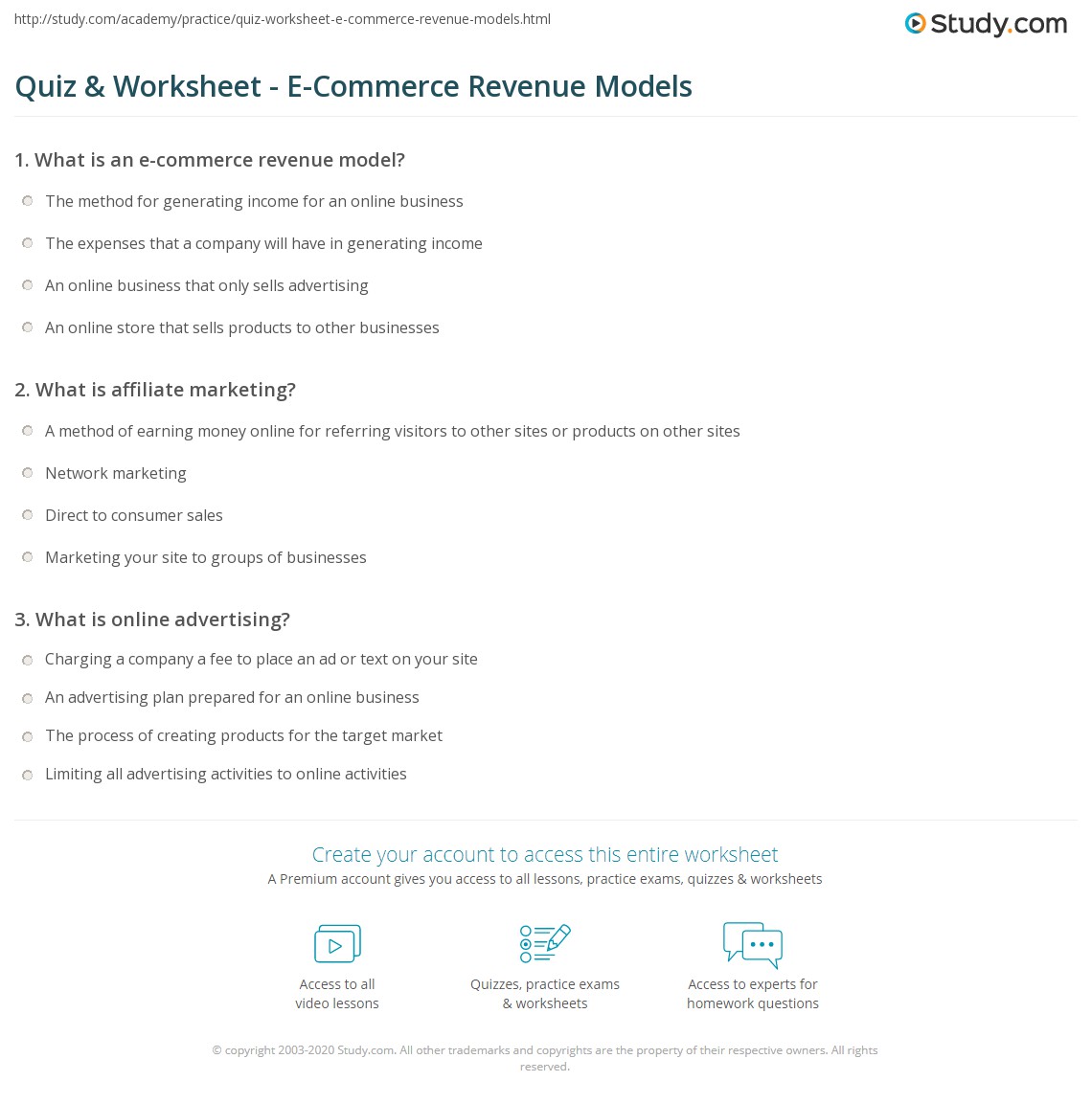 Quiz Worksheet E Commerce Revenue Models Study