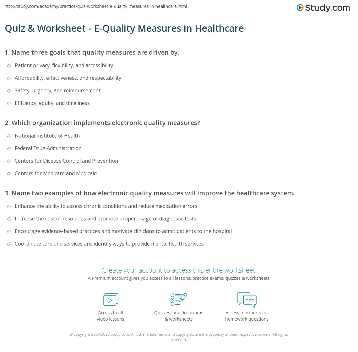 Quiz & Worksheet - E-Quality Measures in Healthcare | Study.com