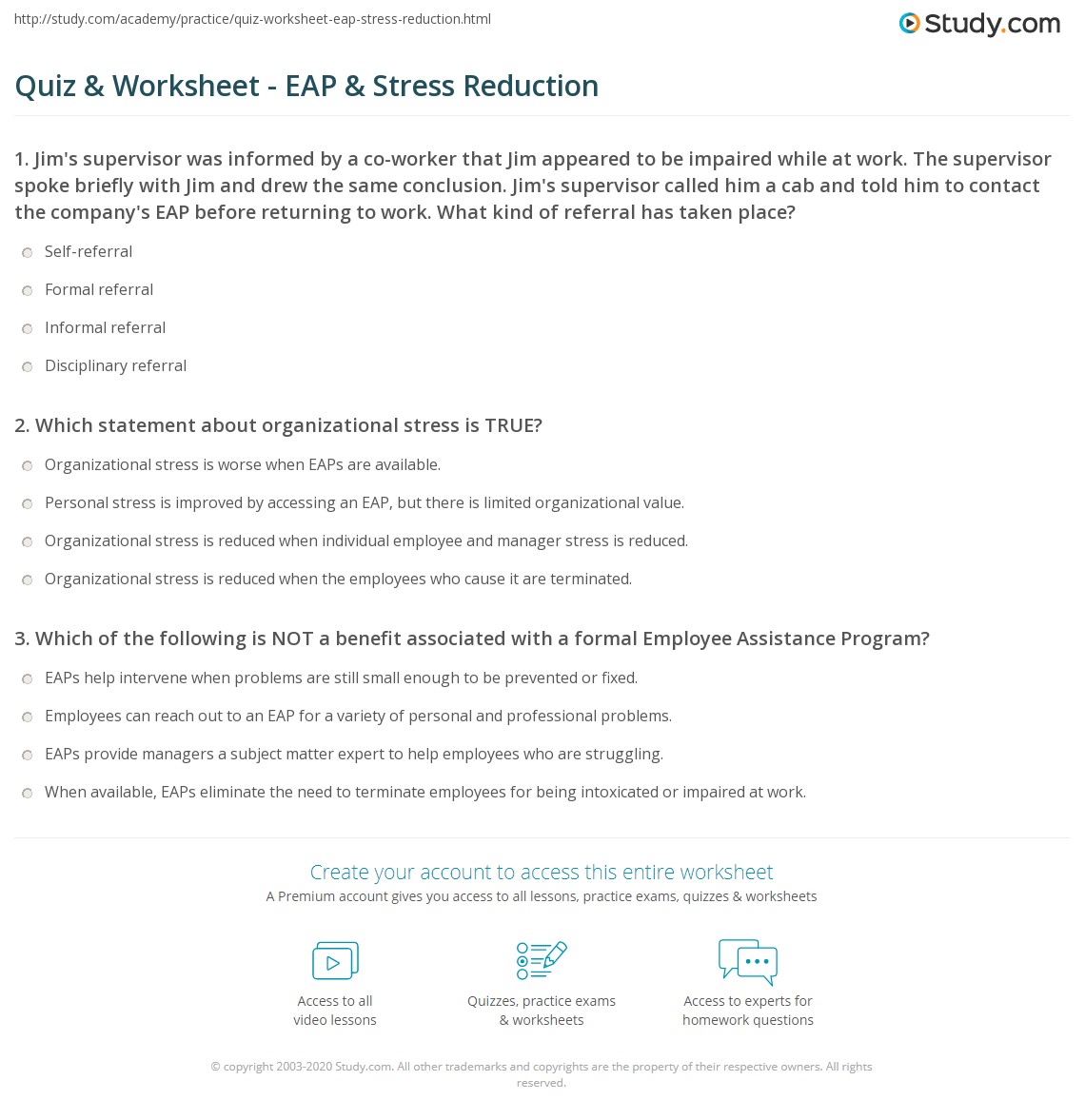 Quiz Worksheet Eap Stress Reduction Study
