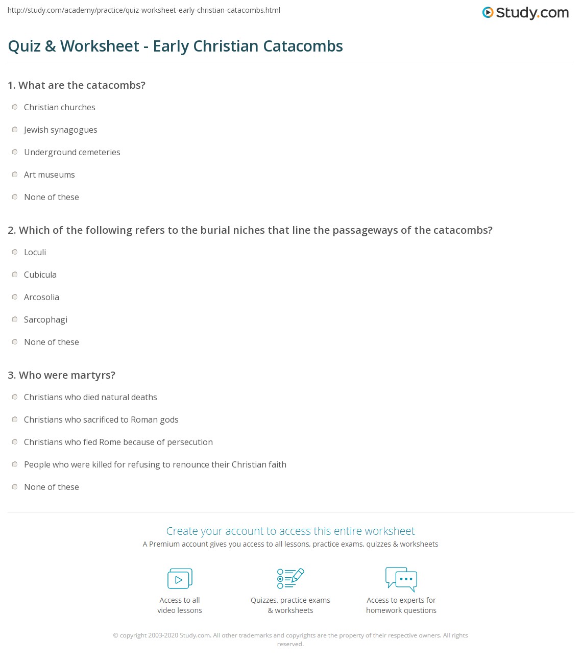 Quiz & Worksheet - Early Christian Catacombs | Study.com