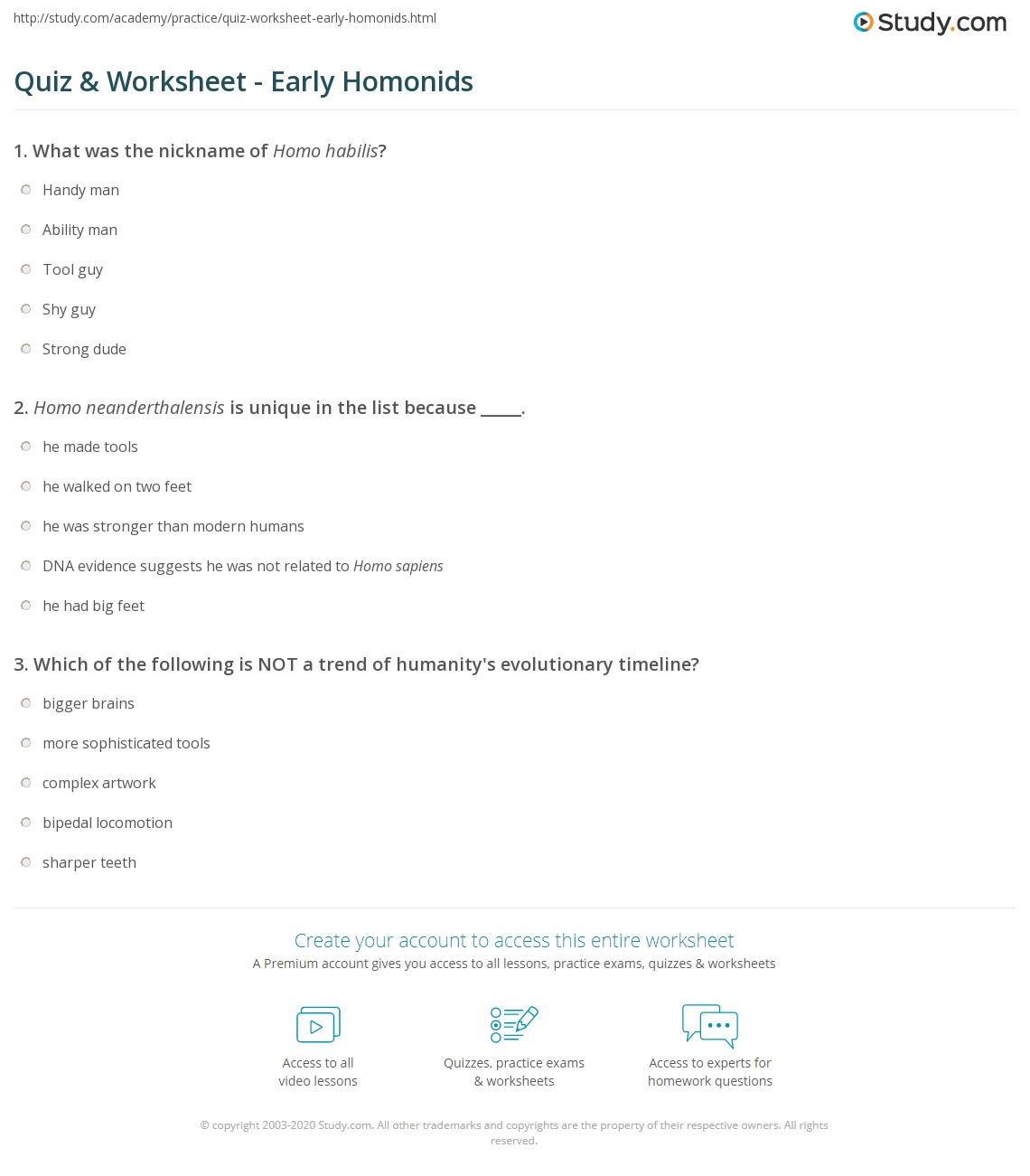 Quiz & Worksheet - Early Homonids | Study.com