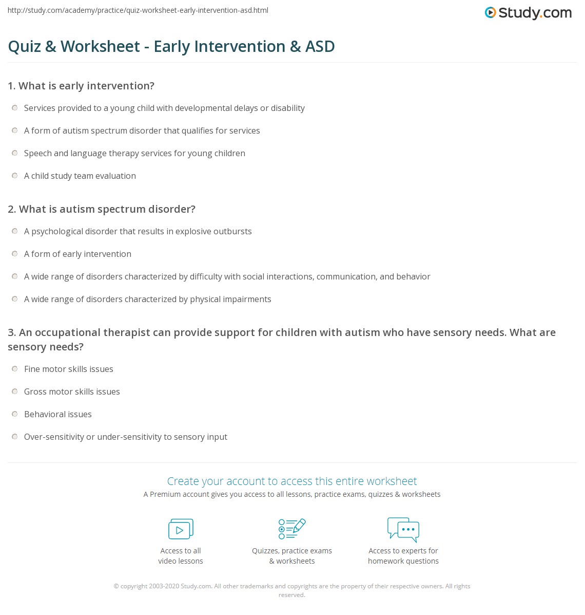 Quiz Worksheet Early Intervention ASD Study