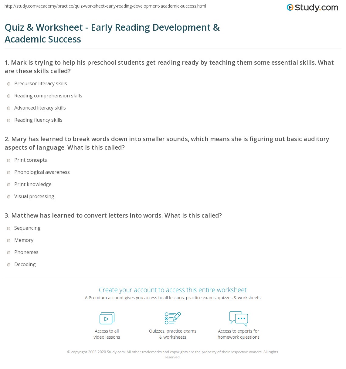 Quiz & Worksheet - Early Reading Development & Academic Success | Study.com