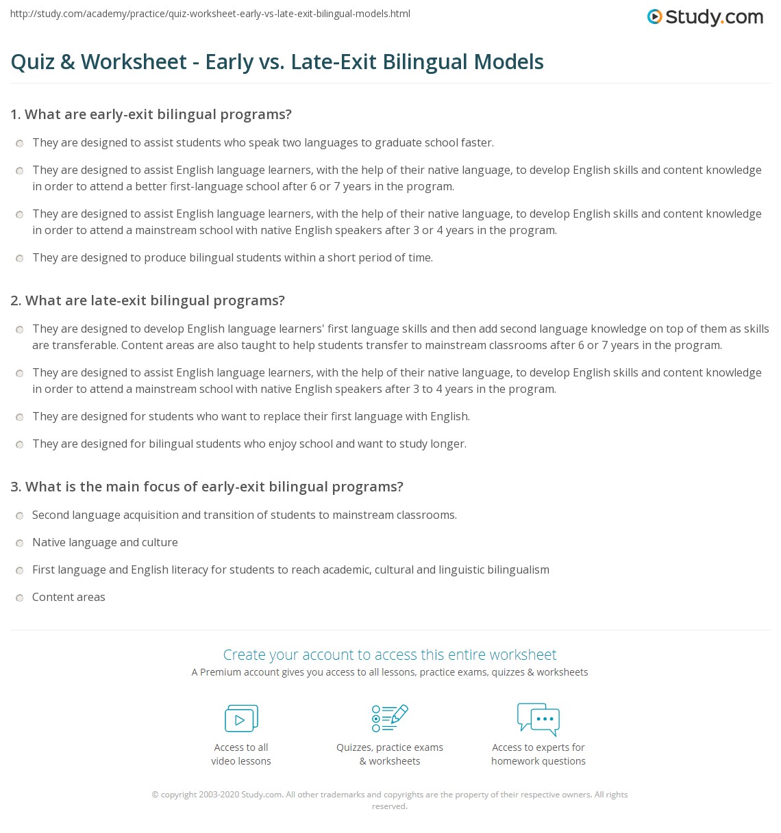 Quiz & Worksheet - Early vs. Late-Exit Bilingual Models | Study.com