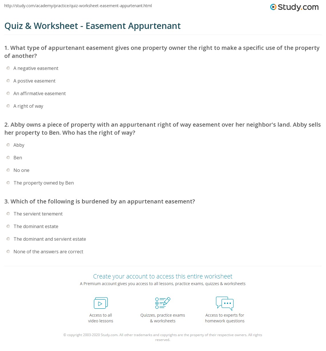 Quiz & Worksheet - Easement Appurtenant | Study.com