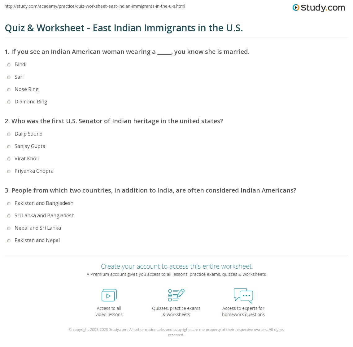 Quiz & Worksheet - East Indian Immigrants in the U.S. | Study.com