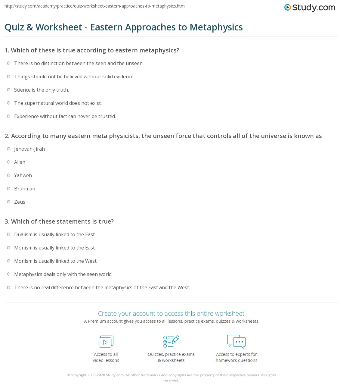Quiz & Worksheet - Eastern Approaches to Metaphysics | Study.com