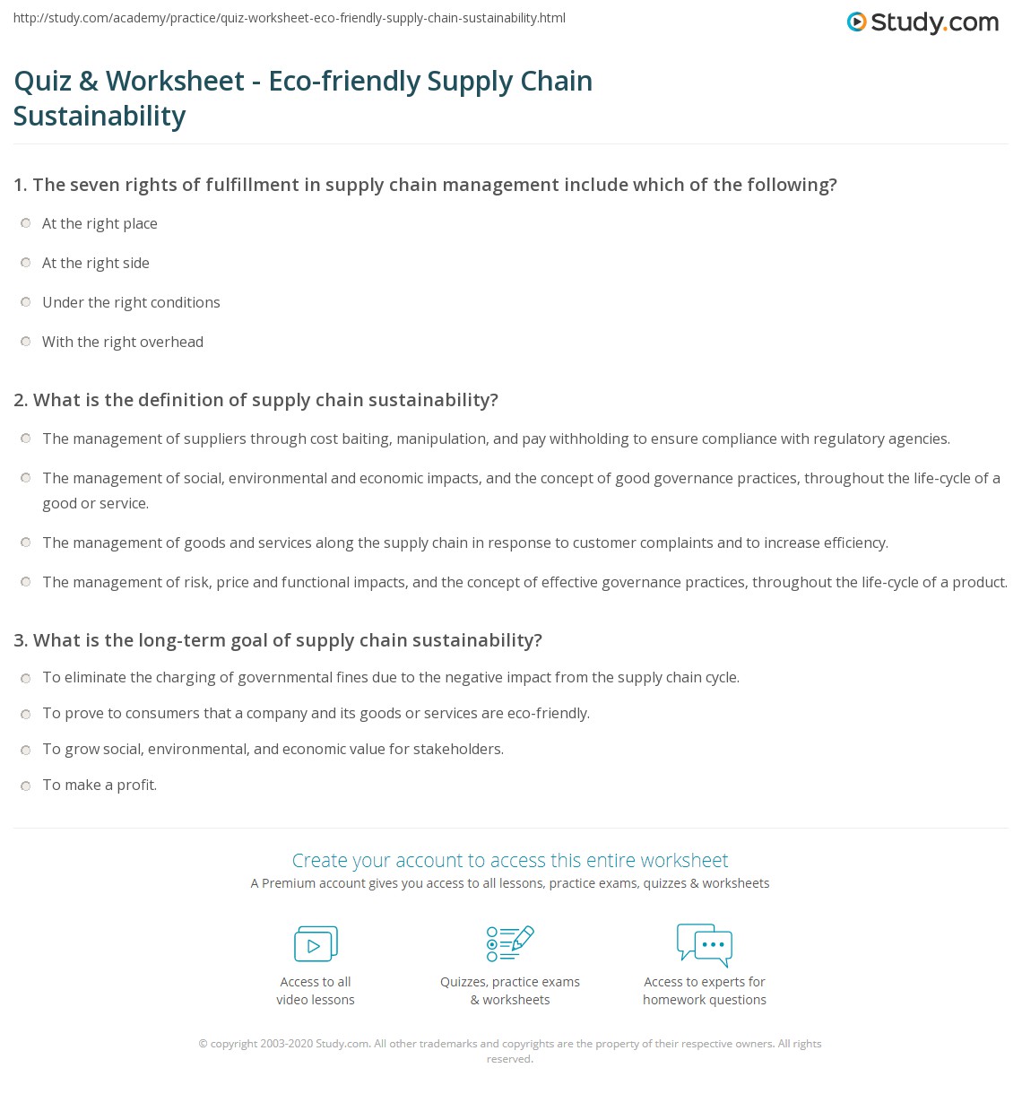 Quiz & Worksheet - Eco-friendly Supply Chain Sustainability | Study.com
