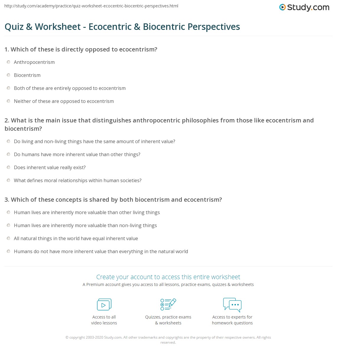 Quiz & Worksheet - Ecocentric & Biocentric Perspectives | Study.com