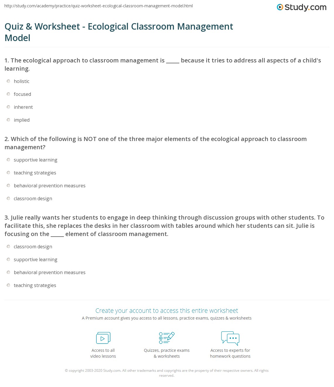 Quiz & Worksheet - Ecological Classroom Management Model | Study.com
