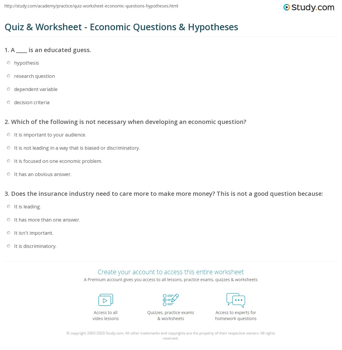 Quiz & Worksheet - Economic Questions & Hypotheses | Study.com