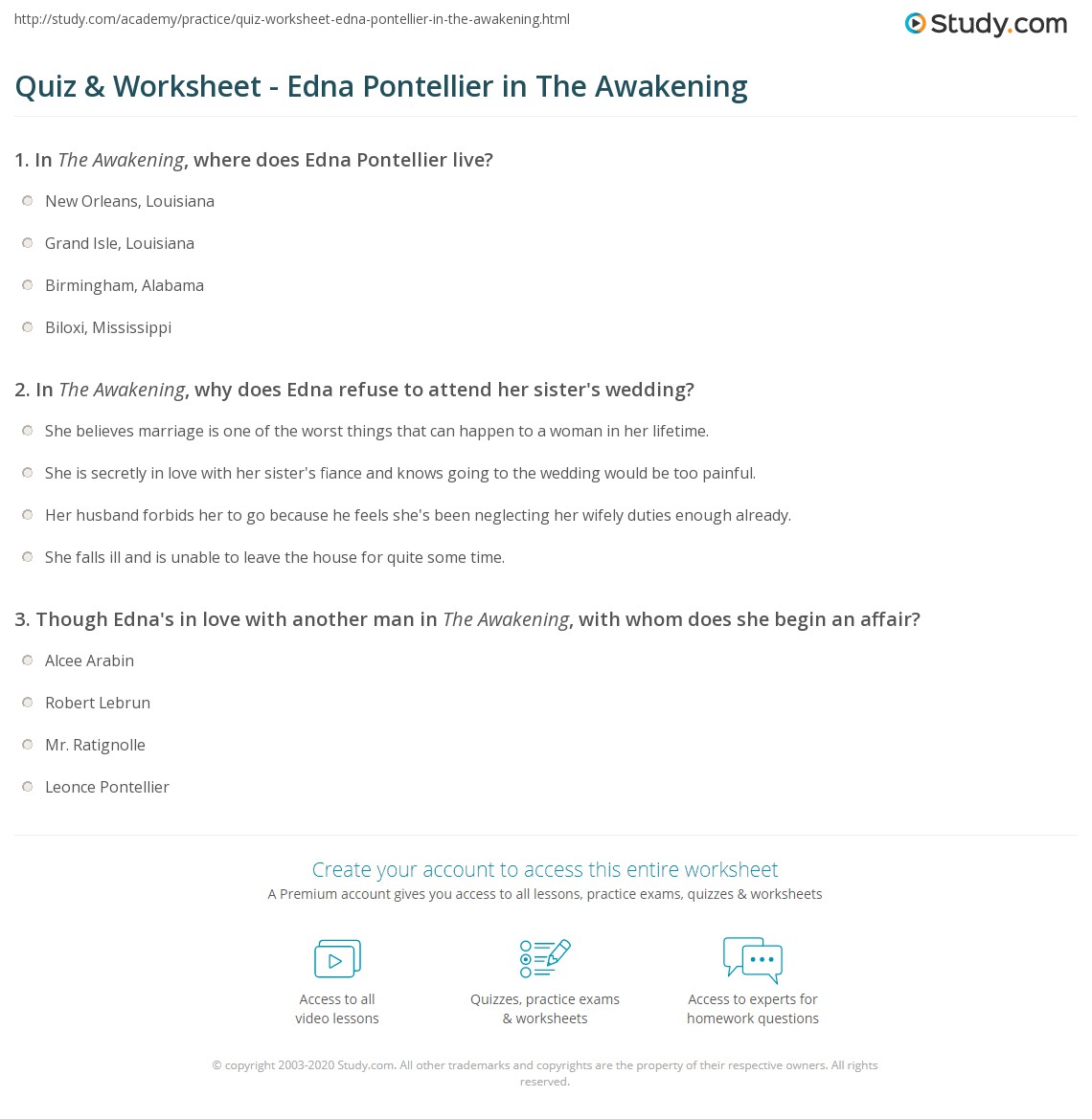 Quiz & Worksheet - Edna Pontellier in The Awakening | Study.com