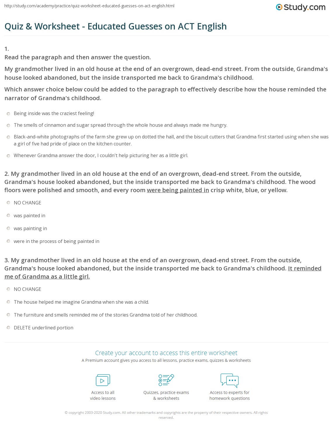 Quiz & Worksheet - Educated Guesses on ACT English | Study.com