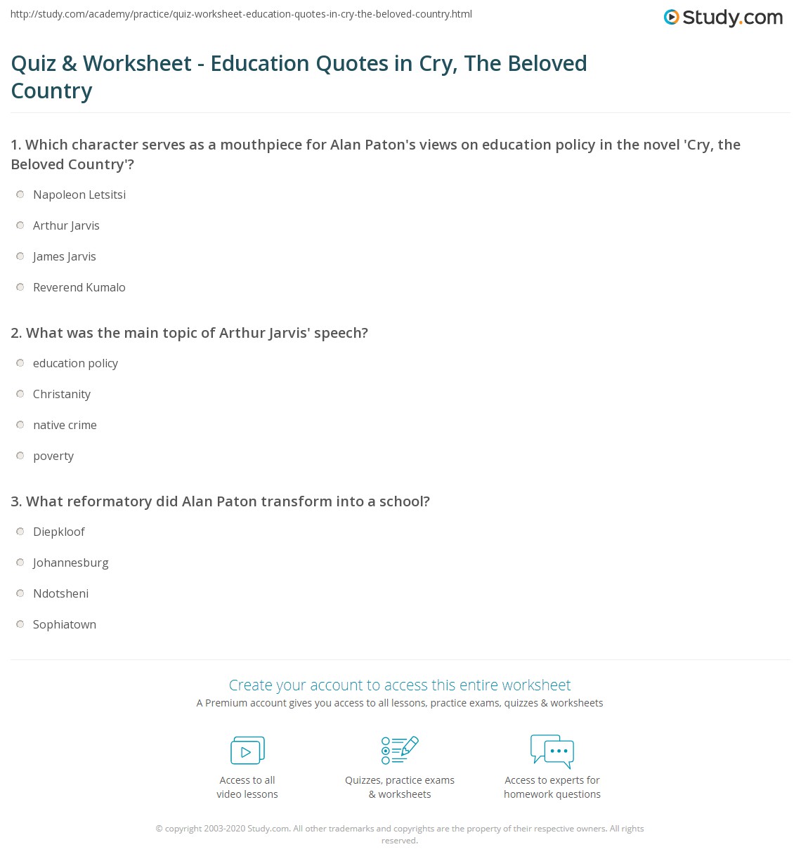 Quiz & Worksheet - Education Quotes in Cry, The Beloved Country | Study.com