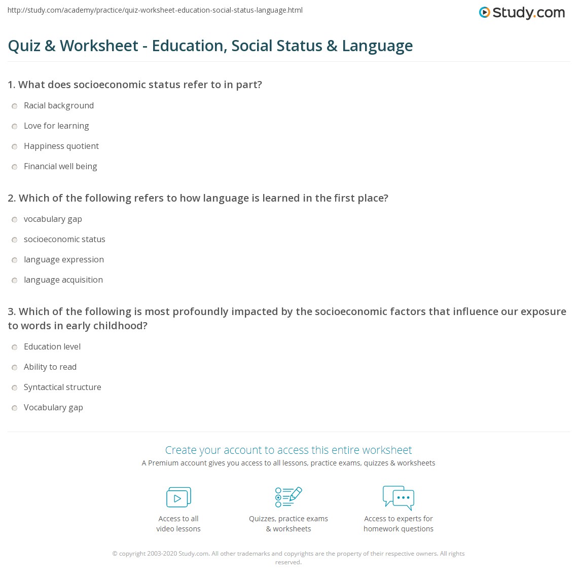 Quiz & Worksheet - Education, Social Status & Language | Study.com