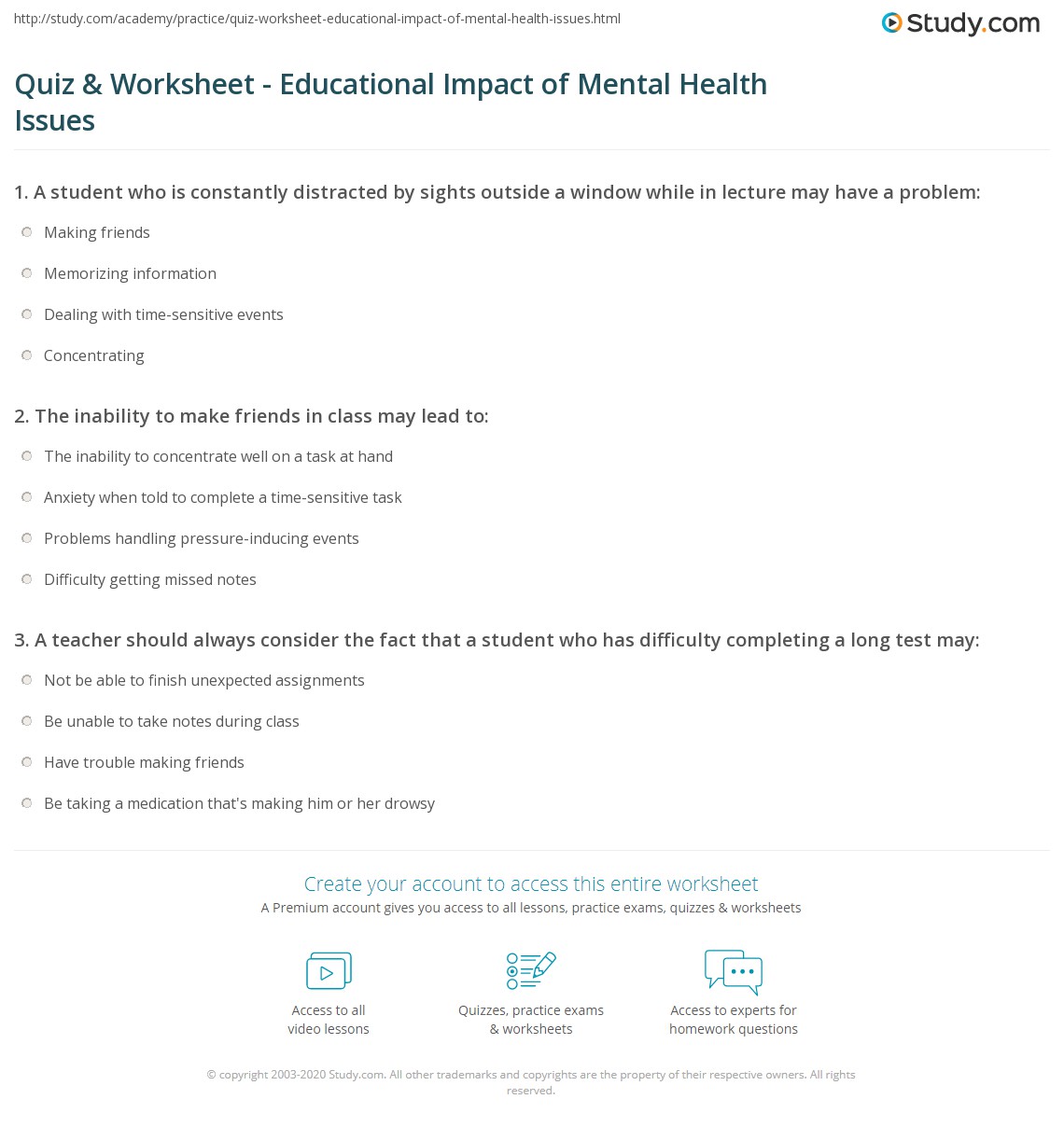 Quiz & Worksheet - Educational Impact of Mental Health Issues | Study.com