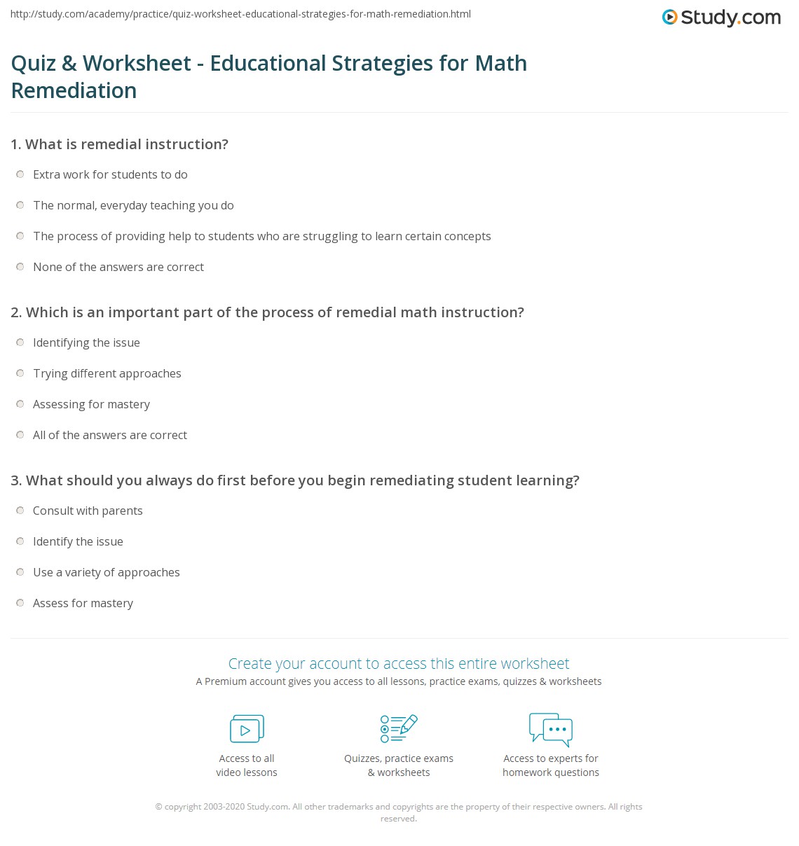 Quiz Worksheet Educational Strategies For Math Remediation Study Quiz Worksheet Educational Strategies For Math Remediation Study