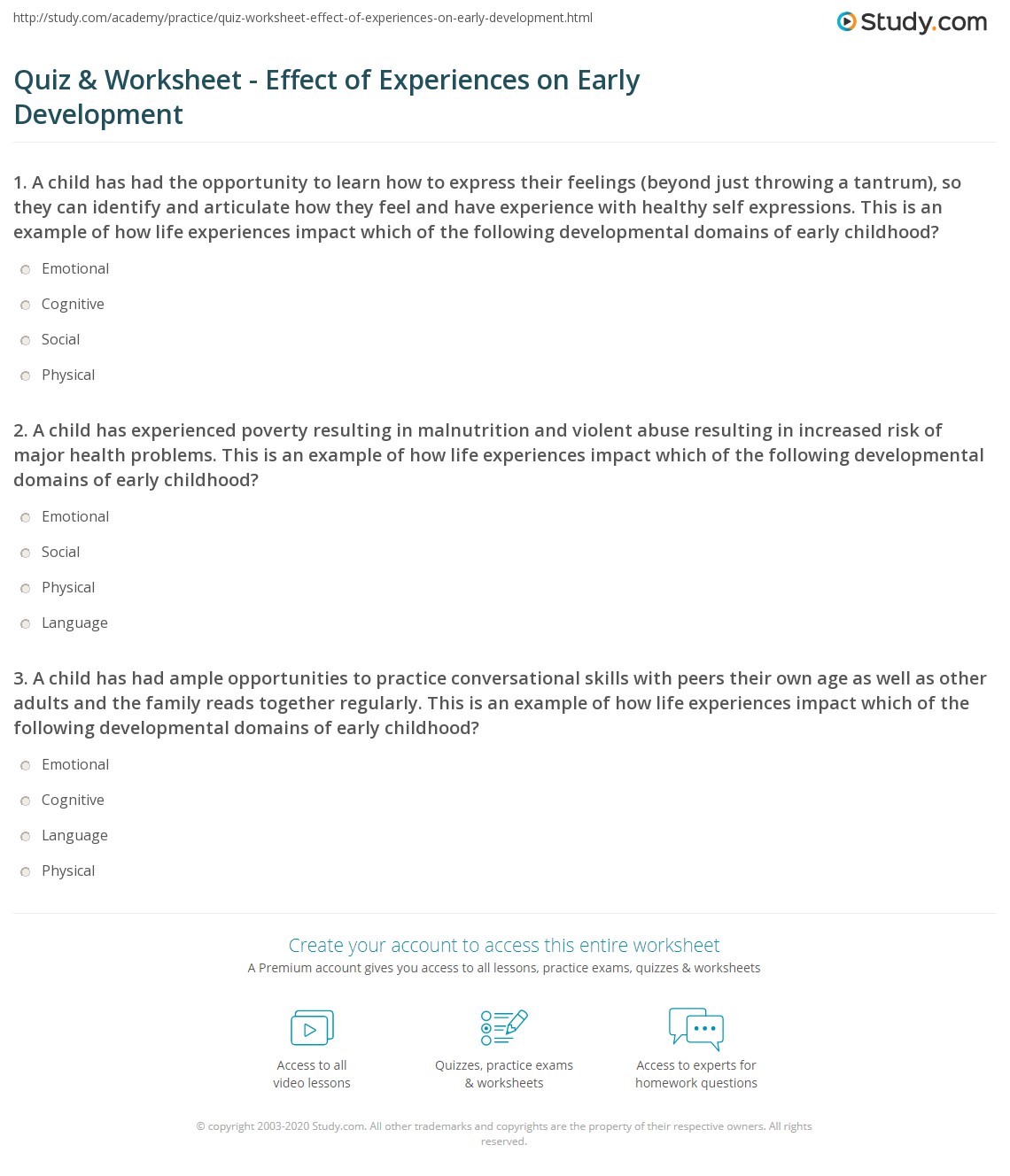 Quiz & Worksheet - Effect of Experiences on Early Development | Study.com