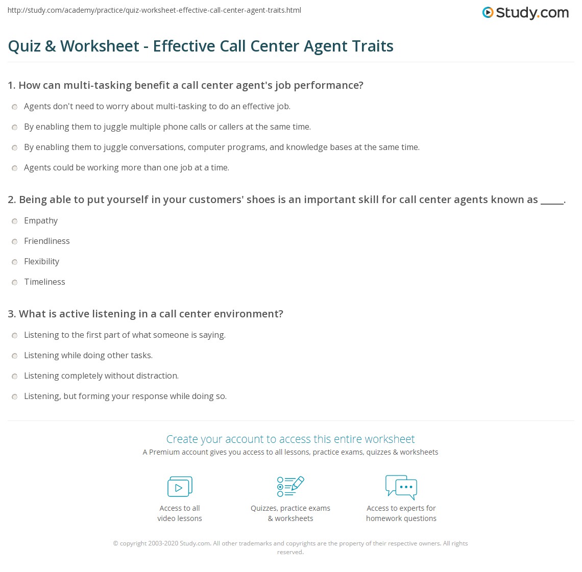 Quiz & Worksheet - Effective Call Center Agent Traits | Study.com
