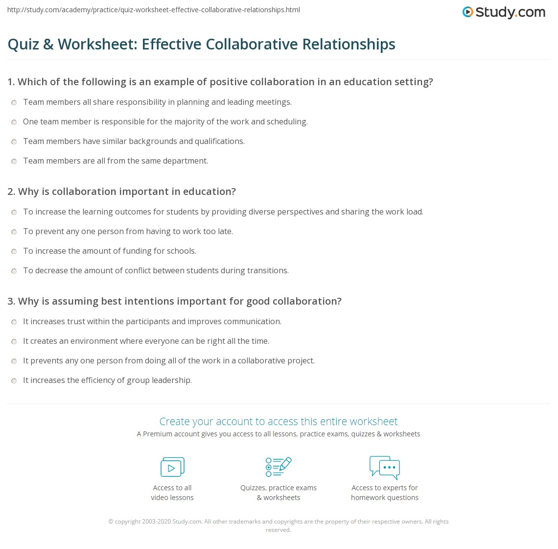 Quiz & Worksheet: Effective Collaborative Relationships | Study.com
