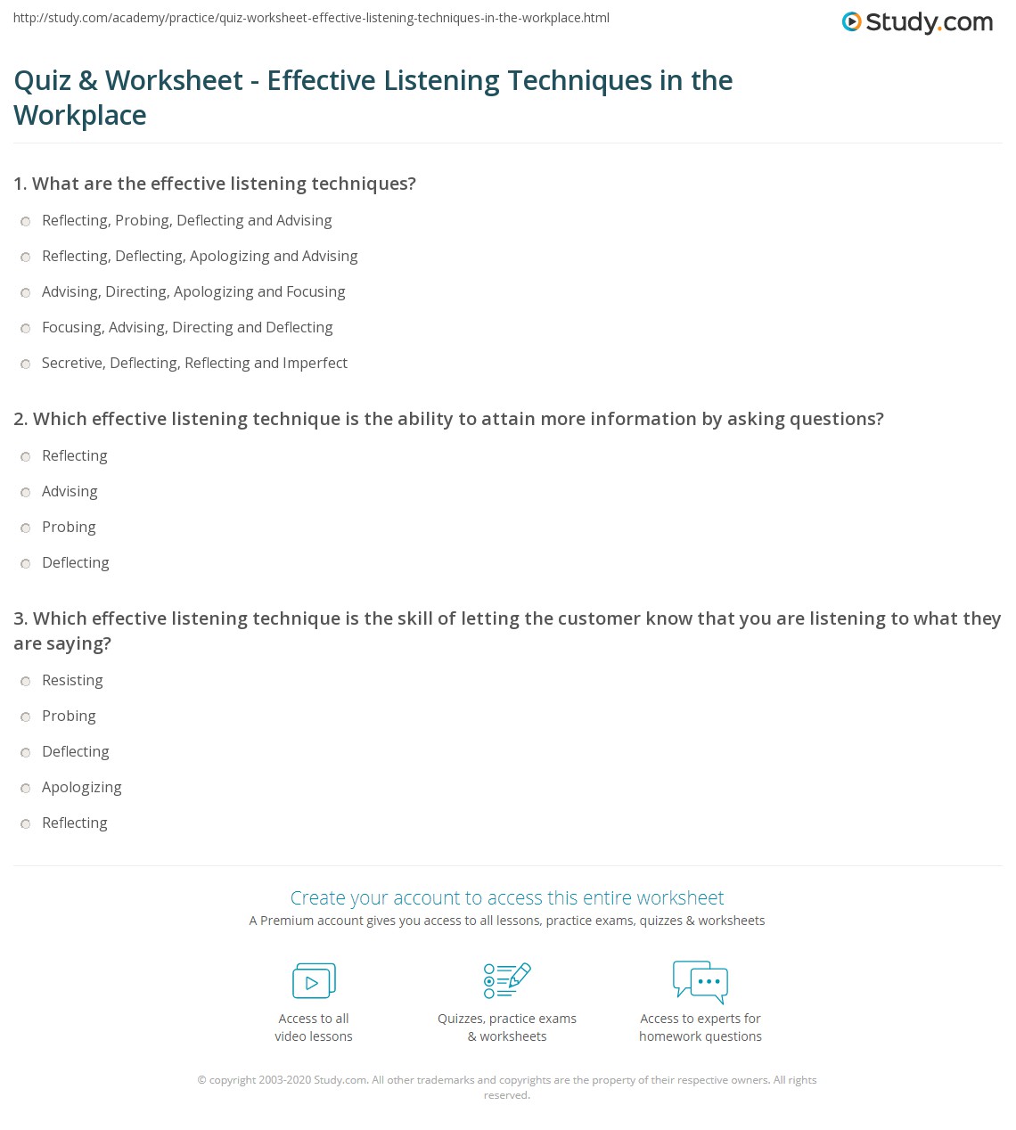 Quiz & Worksheet - Effective Listening Techniques in the Workplace ...