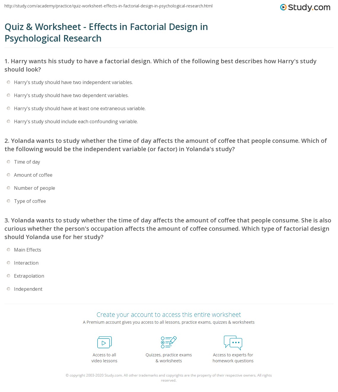 Quiz & Worksheet - Effects in Factorial Design in Psychological ...