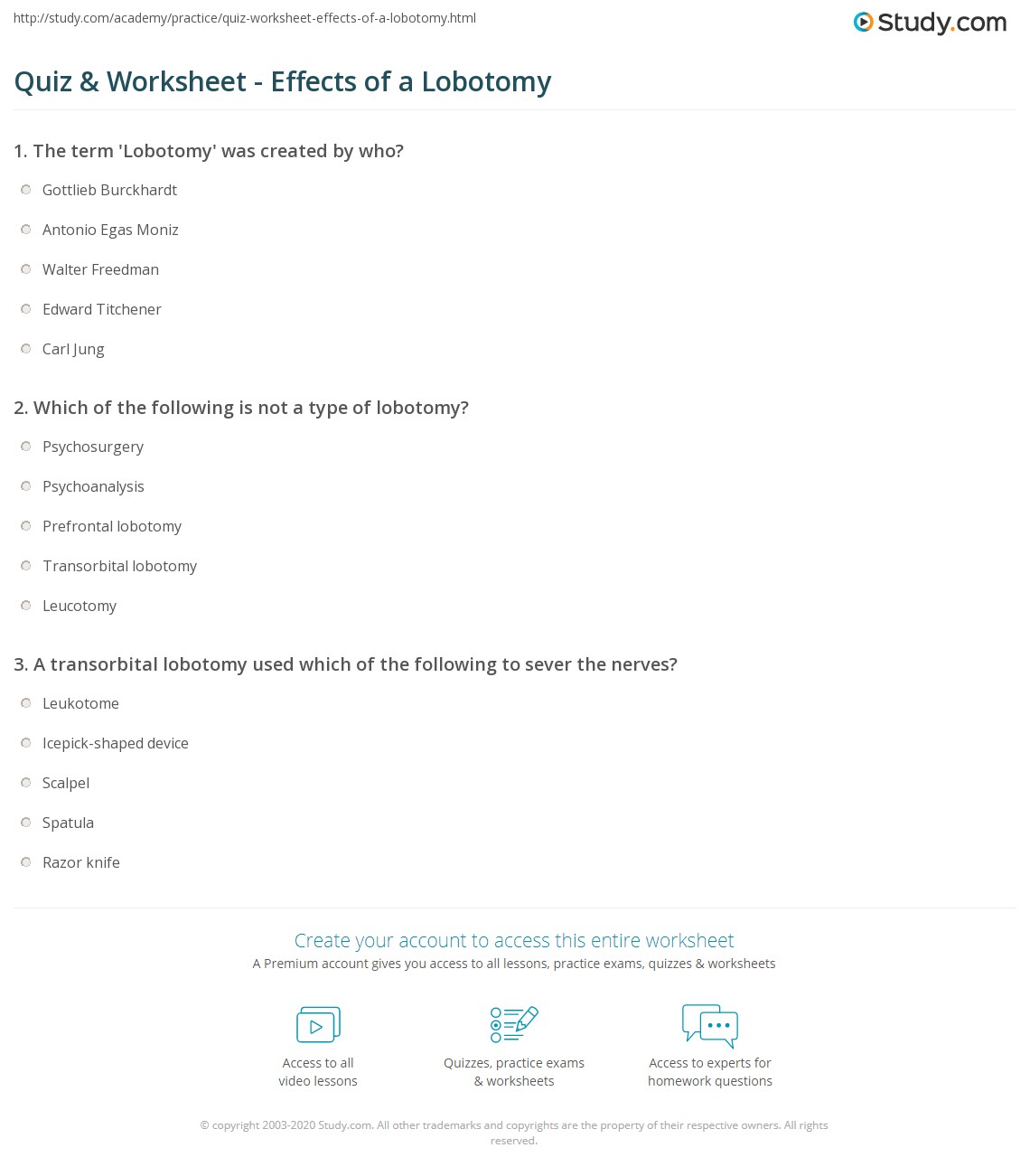 Quiz & Worksheet - Effects of a Lobotomy | Study.com