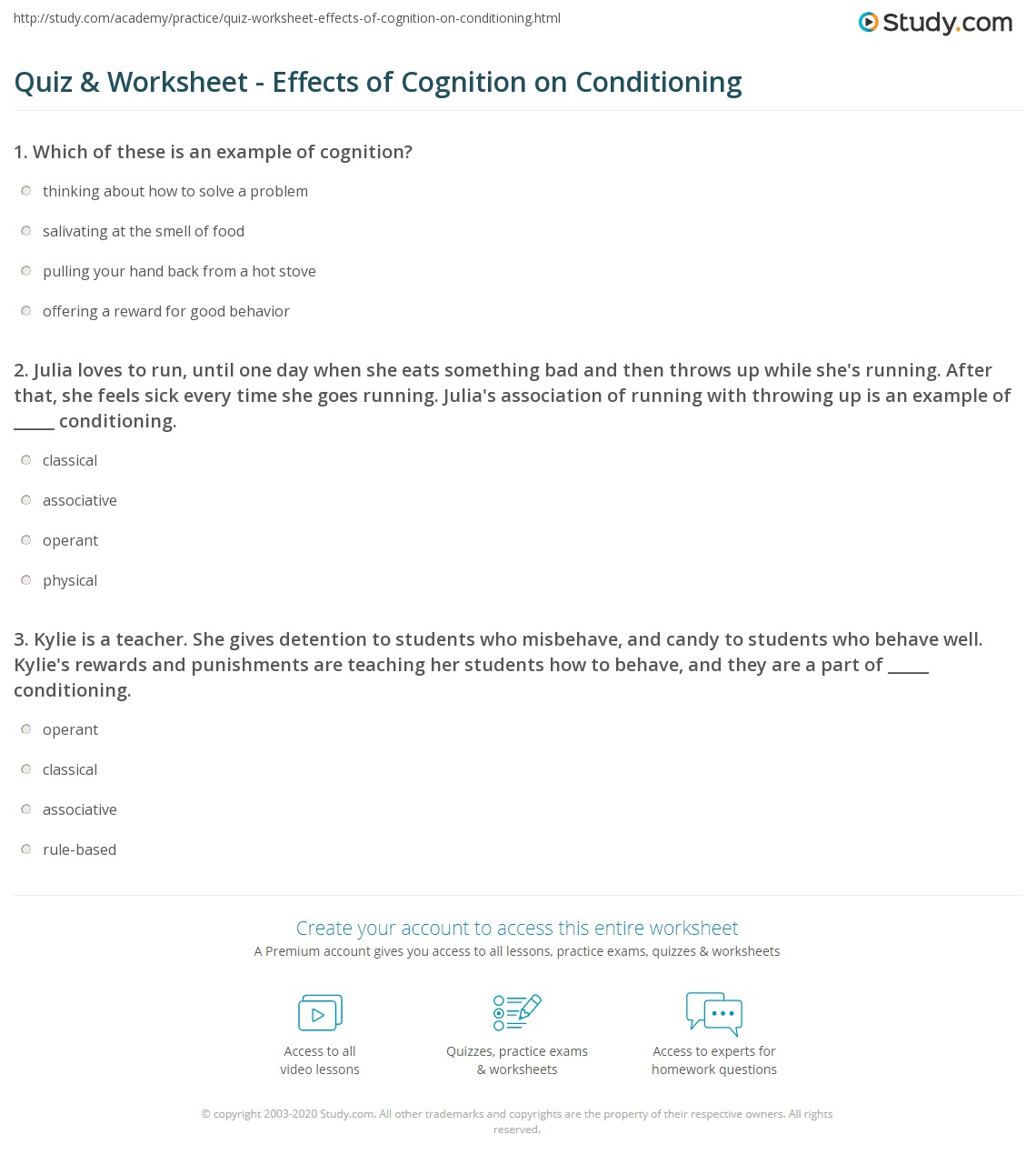 Quiz & Worksheet - Effects of Cognition on Conditioning | Study.com