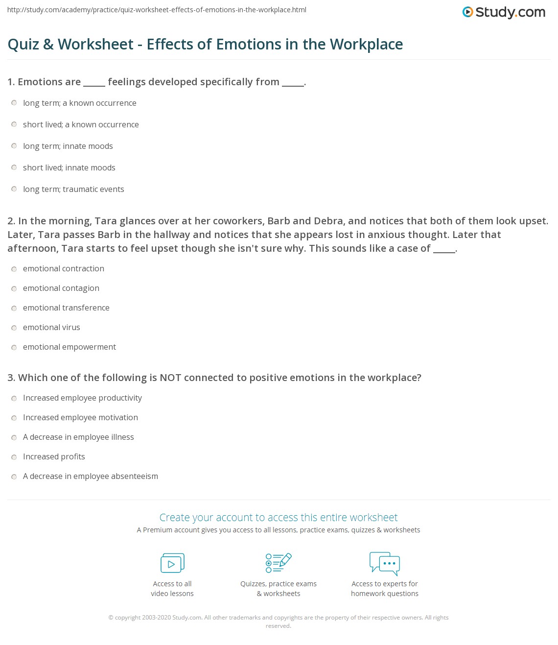Quiz & Worksheet - Effects of Emotions in the Workplace | Study.com