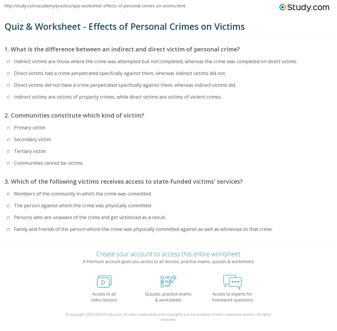Quiz & Worksheet - Effects of Personal Crimes on Victims | Study.com