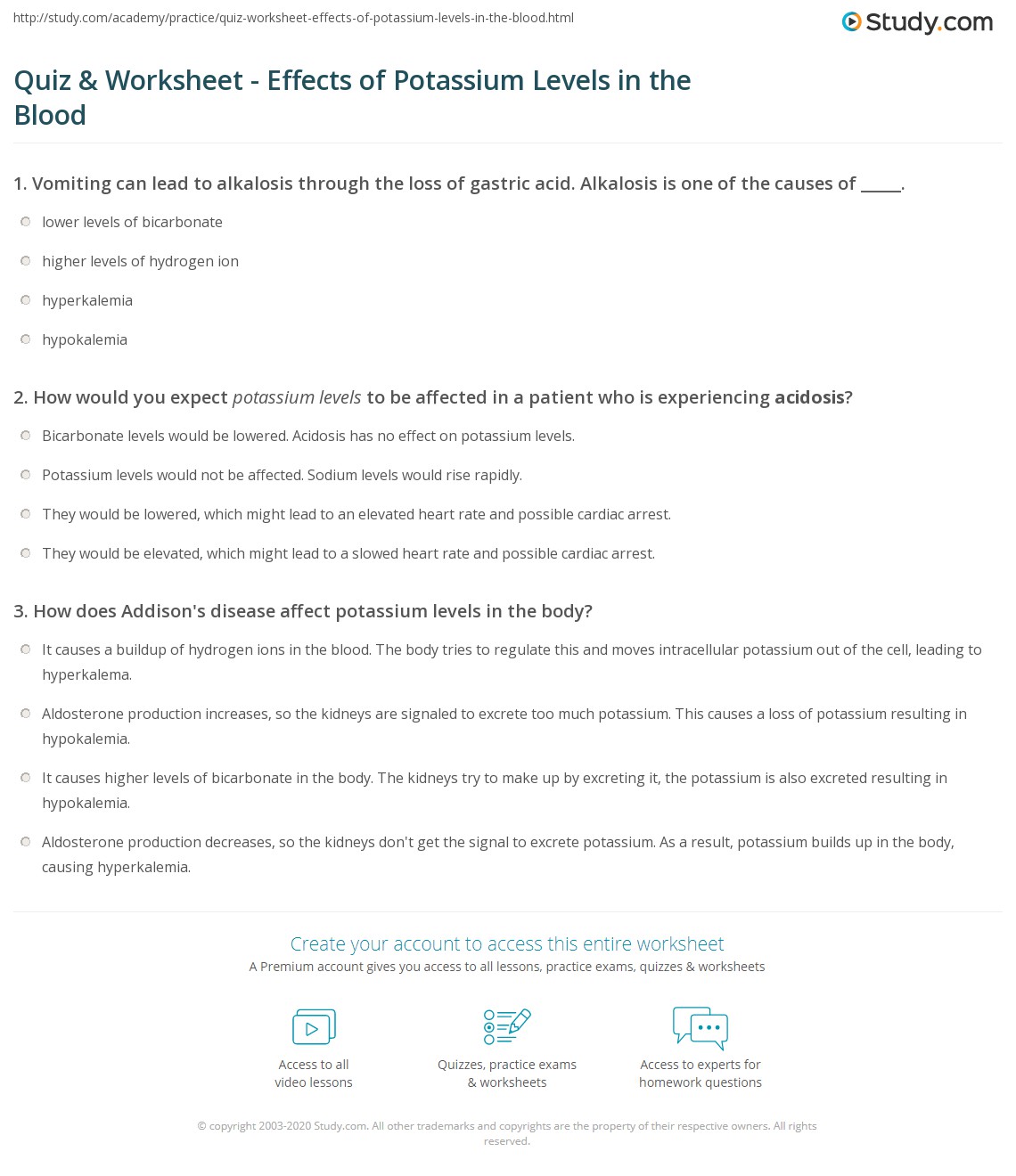 Quiz & Worksheet - Effects of Potassium Levels in the Blood | Study.com