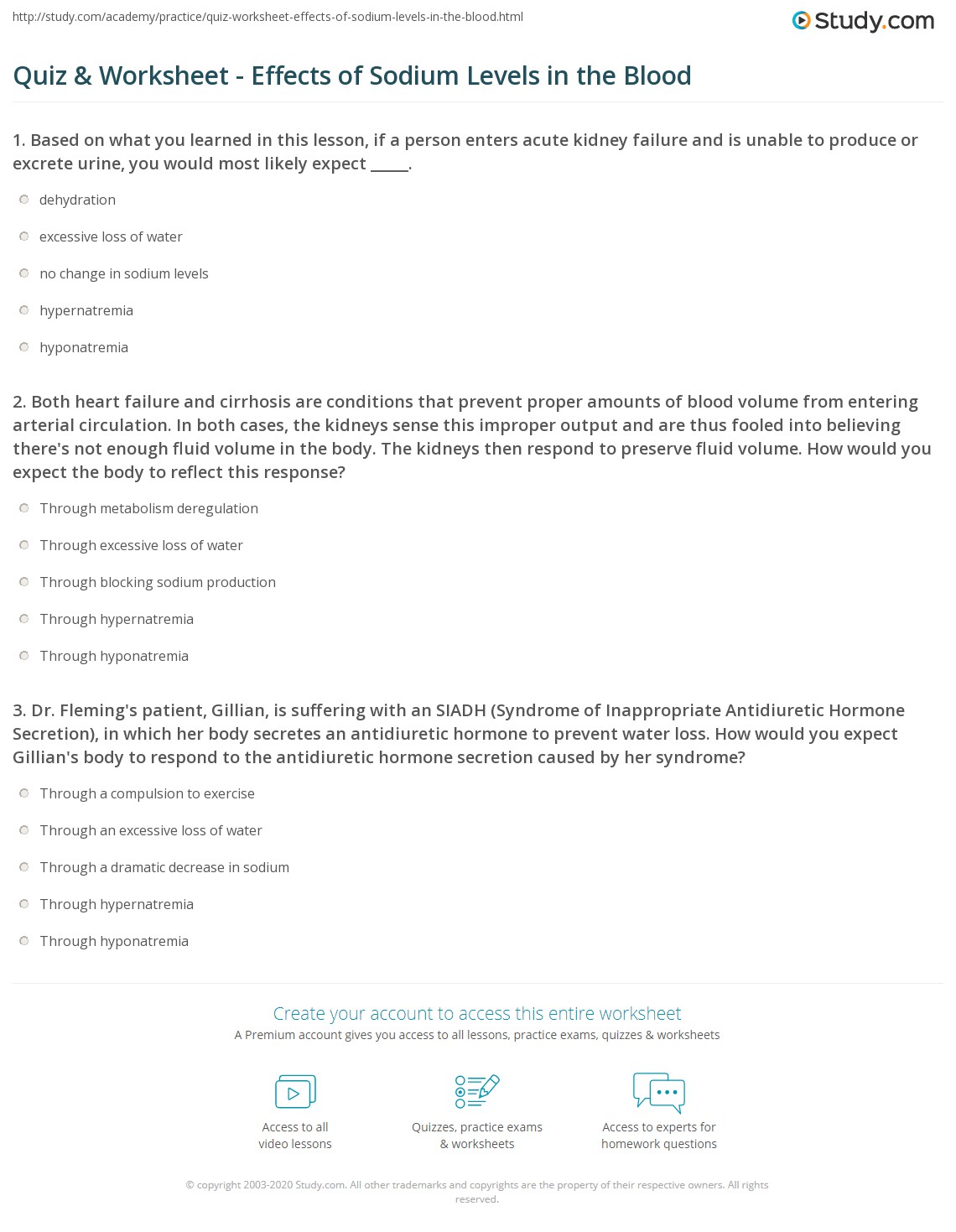 Quiz & Worksheet - Effects of Sodium Levels in the Blood | Study.com