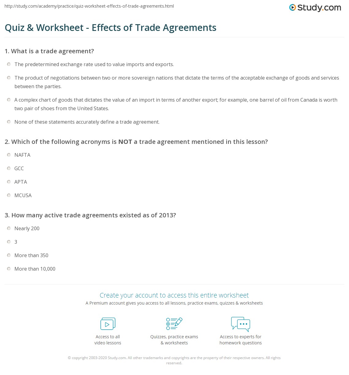 Quiz & Worksheet - Effects of Trade Agreements | Study.com