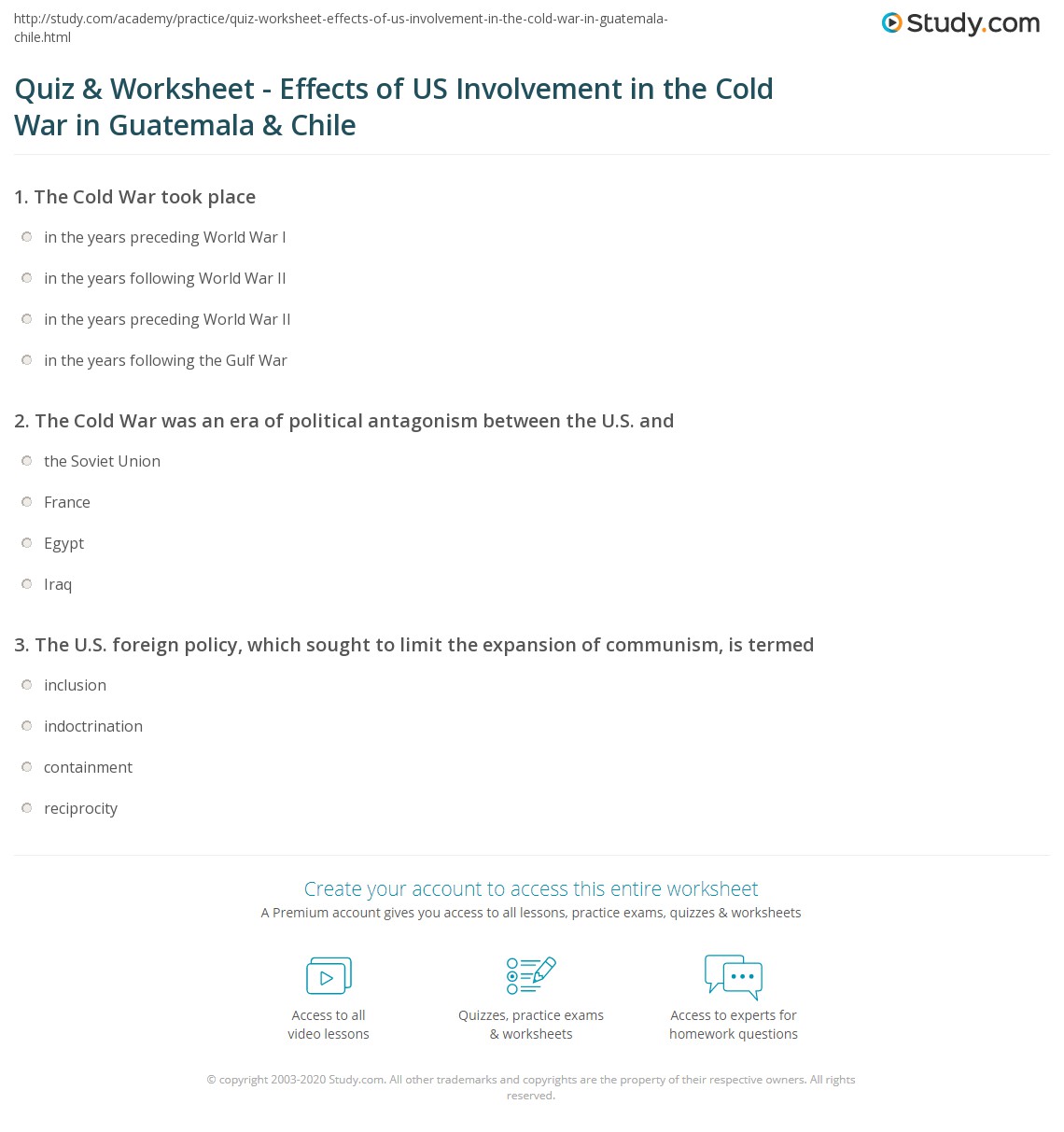 Quiz & Worksheet - Effects of US Involvement in the Cold War in ...
