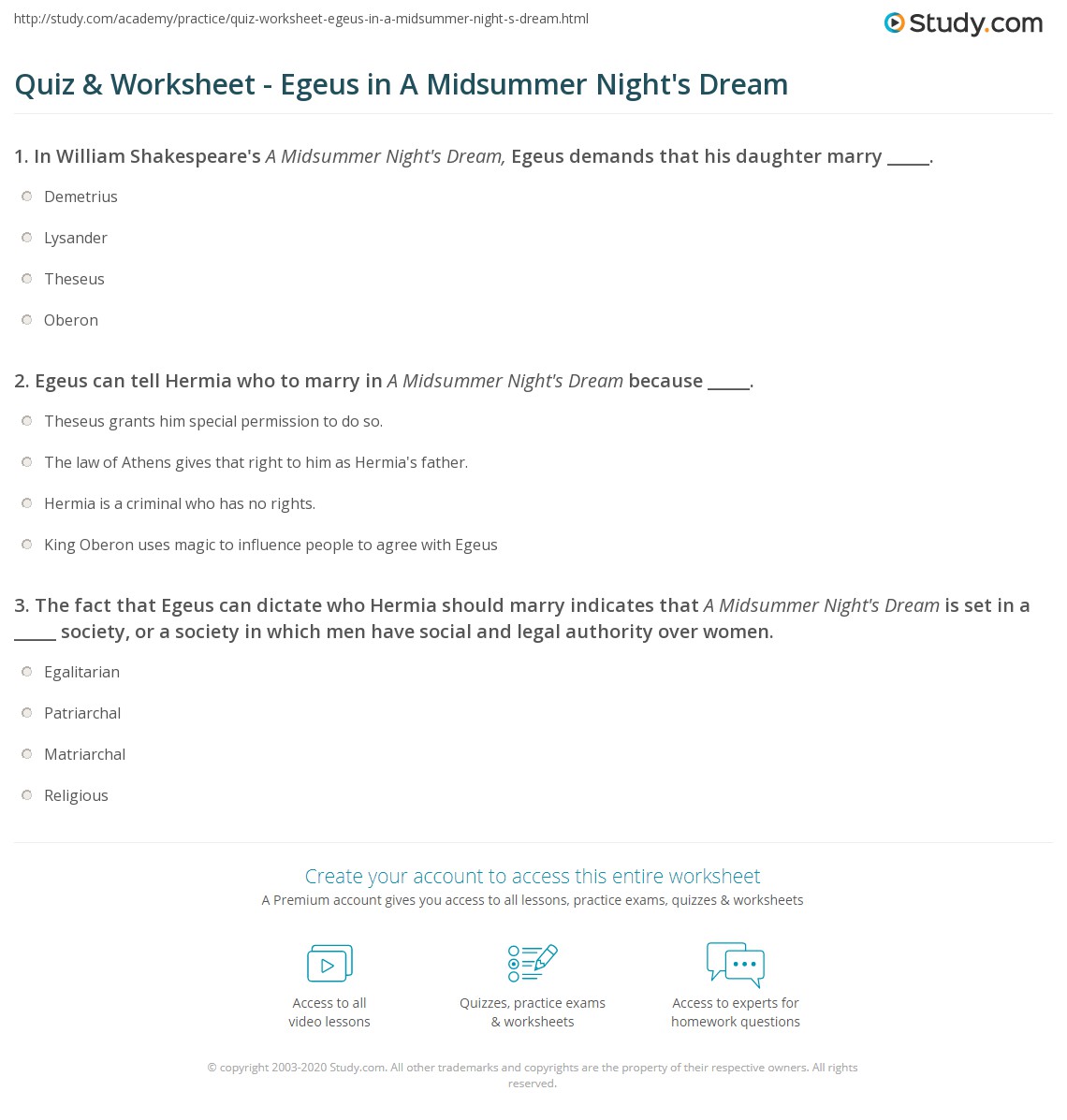 Quiz & Worksheet - Egeus in A Midsummer Night's Dream | Study.com